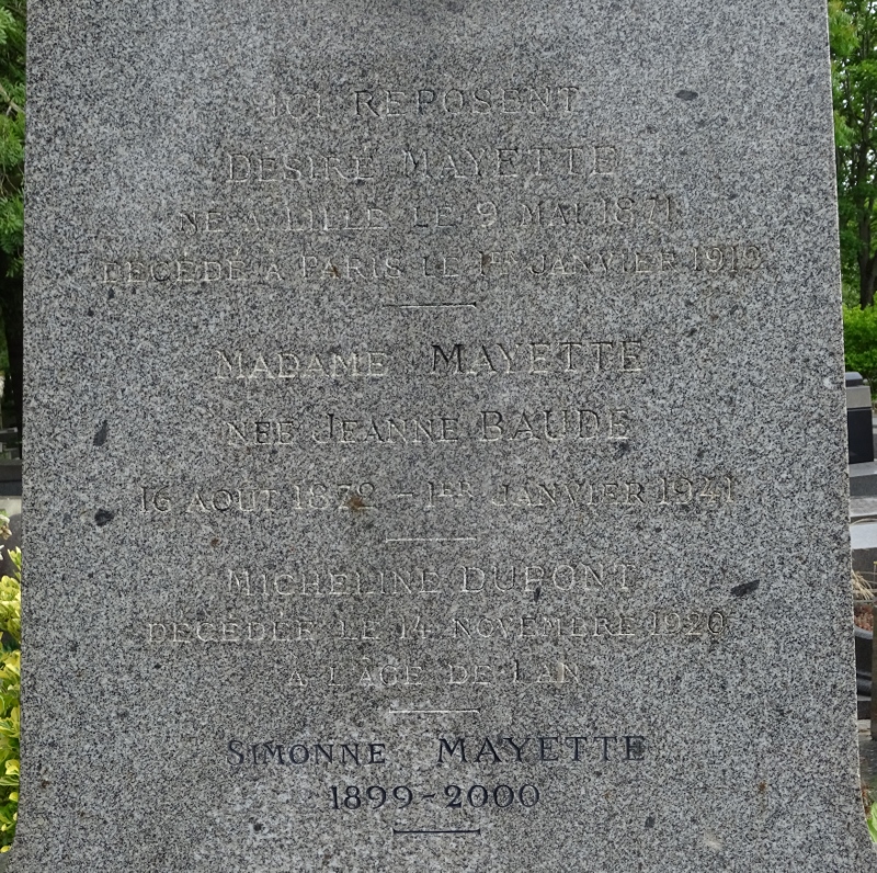 Cimetière du Père Lachaise - APPL - MAYETTE Désiré (1871-1912)